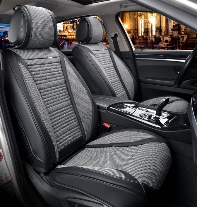 Лукс Универсална Кожа и Плат Тапицерия Сиво и Черно/ Калъфи за предни седалки TAP850 | Flexzon.com