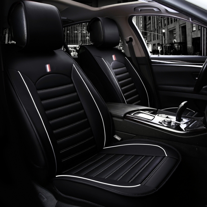 Универсална Кожена Тапицерия, Калъфи за Предни Седалки Черно, Бял Кант | Flexzon.com