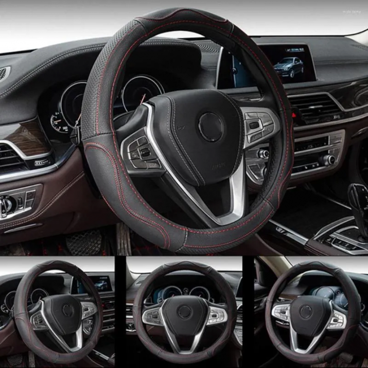 Калъф за волан от естествена кожа черен с червен шев за автомобил размер М 37-39 см | Flexzon.com