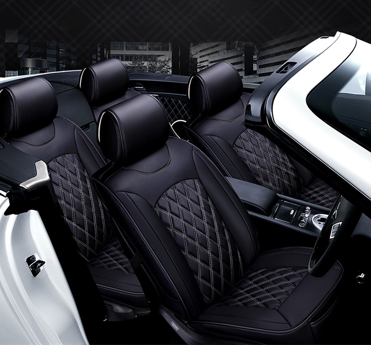 Пълен Комплект Луксозни Калъфи за Седалки Универсална Кожена Тапицерия Черна Еко Кожа със Сив ...