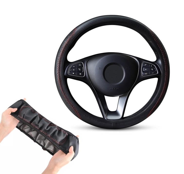 Универсален кожен калъф за волан – Черен с Червени Шевове 37–38 см | Flexzon.com